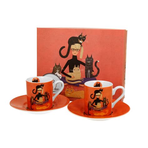 Комплект 2 чаши за еспресо с чинийки Дама с котки 100 мл многоцветни Emag Bg