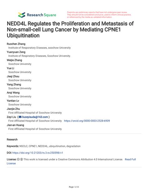Pdf Nedd4l Regulates The Proliferation And Metastasis Of Non Small