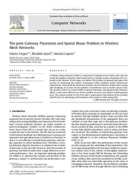 Pdf The Joint Gateway Placement And Spatial Reuse Problem In Wireless Mesh Networks