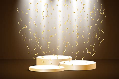 어두운 배경에 스포트라이트가있는 황금 연단 떨어지는 황금 색종이 첫 번째 장소 명성과 인기 벡터 일러스트레이션 개념에 대한 스톡 벡터 아트 및 기타 이미지 Istock