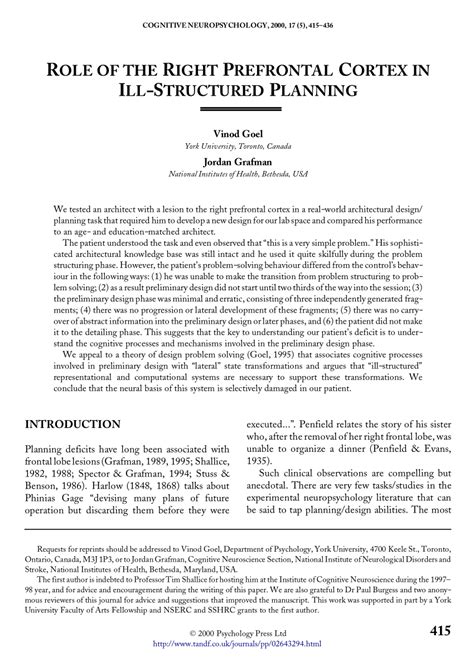 Pdf Role Of The Right Prefrontal Cortex In Ill Structured Planning