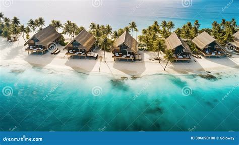 Exotic Countries Paradise Vacation Drone Photo Luxury Bungalows Stock