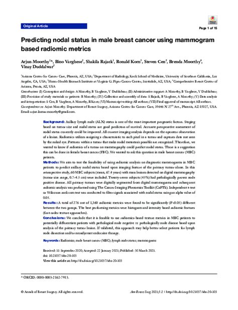 Pdf Predicting Nodal Status In Male Breast Cancer Using Mammogram