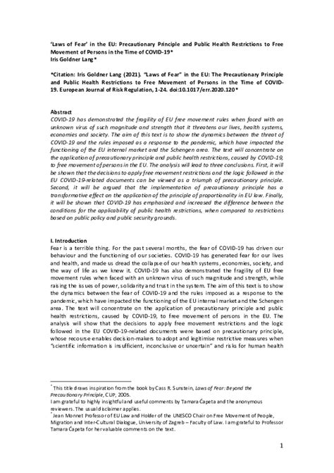Pdf ‘laws Of Fear In The Eu Precautionary Principle And Public