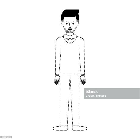 수염 수염 고 스웨터와 바지와 검은 점선 실루엣 사이드 헤어 헤어스타일 신발 남자 전신 가득 찬에 대한 스톡 벡터 아트 및 기타