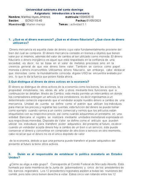 Maritza Reyes Economía 51 Pdf Dinero Oferta De Dinero