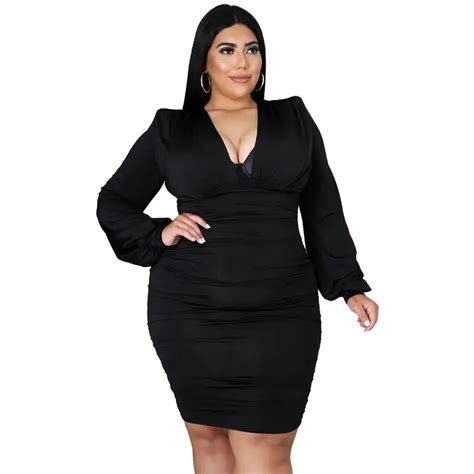 Plus Size Sexy Dress Womens Plus Plain Long Sleeve Deep V Neck