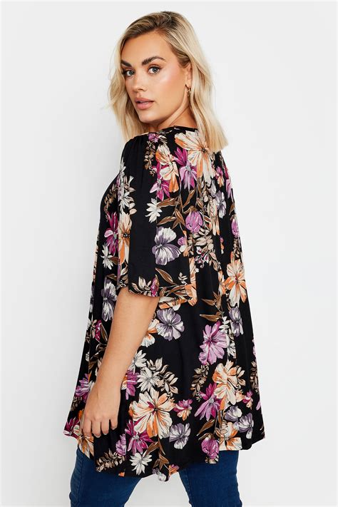 YOURS Plus Size Black Pink Floral Print Swing Top Yours Clothing
