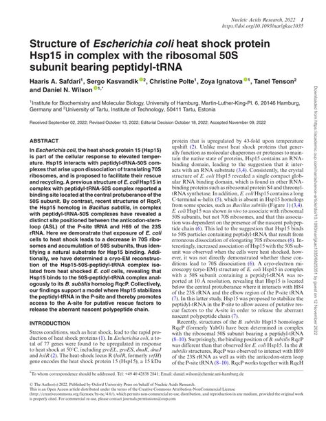 Pdf Structure Of Escherichia Coli Heat Shock Protein Hsp15 In Complex With The Ribosomal 50s