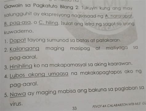 Solved Gawain Sa Pagkatuto Bilang Tukuyin Kung Ang May Salungguhit Ay Ekspresyong Nagsasaad