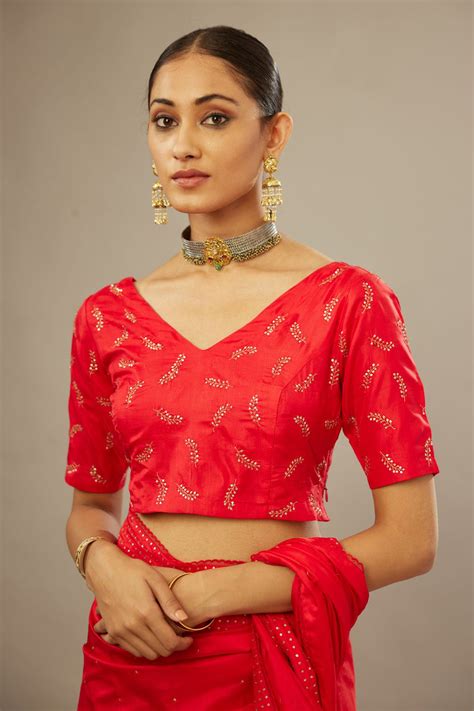 Red Silk Saree Set With A Broad Border Of Hand Embroidered Geometrical
