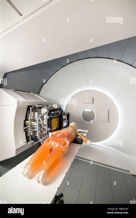 Test Dummy At A Cancer Radiation Proton Beam Therapy Treatment Room In