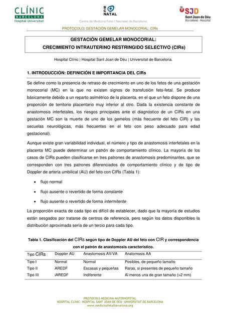 Gestación Gemelar Monocorial Crecimiento Intrauterino Restringido