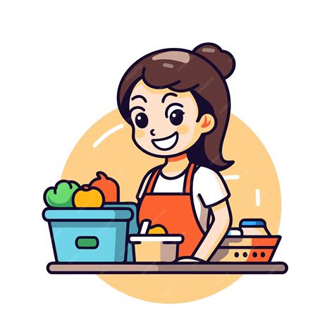 Premium Vector Girl Cooking In The Kitchen Vector Illustration In A