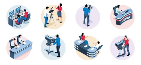 Tv 뉴스 스튜디오 아이소메트릭 앵커맨 및 카메라맨 방송 프로그램 격리 벡터 삽화가 포함된 구성 세트 프리미엄 벡터