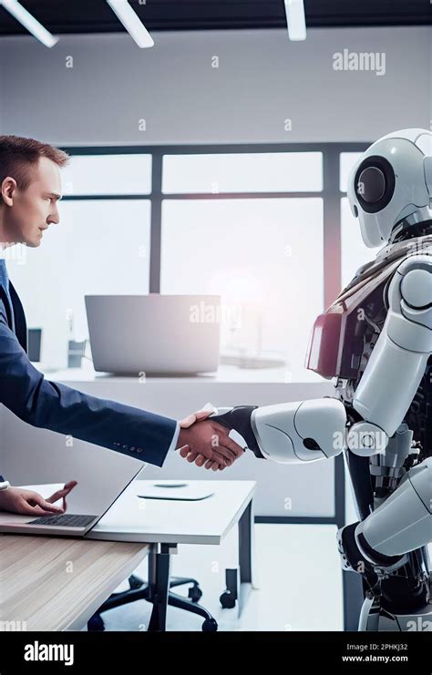 Mann Und AI Roboter Arbeiten Zusammen Mann Und Android Warten Auf Ein