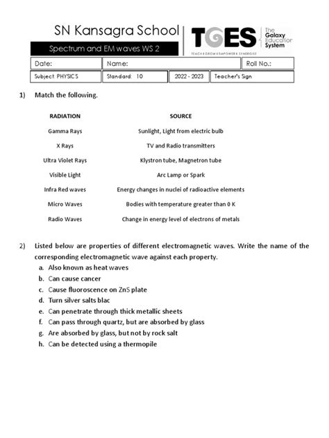 Spectrum And Em Waves Ws 2 Pdf Electromagnetic Radiation