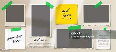 사진 프레임과 메모장 페이지 레이아웃 벽면에 레이아웃 와 오버레이 섀도우 있음 액자에 대한 스톡 벡터 아트 및 기타 이미지 액자 즉석 인화 전송 즉석카메라 Istock