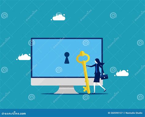 Decode Or Unlock Businesswoman Holding A Key To Unlock A Computer Stock Vector Illustration