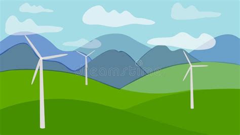 Rotating Wind Turbines Or Mills On Green Hills With Clouds Animation Stock Video Video Of