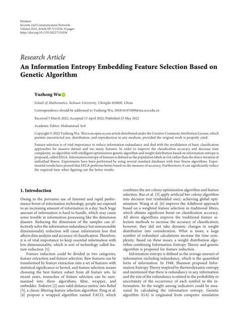Pdf An Information Entropy Embedding Feature Selection Based On