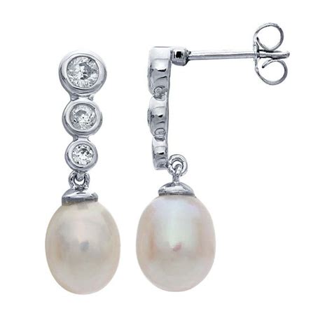 Sterling Silver Three Cz Set Post Earrings With Freshwater Pearl Drop