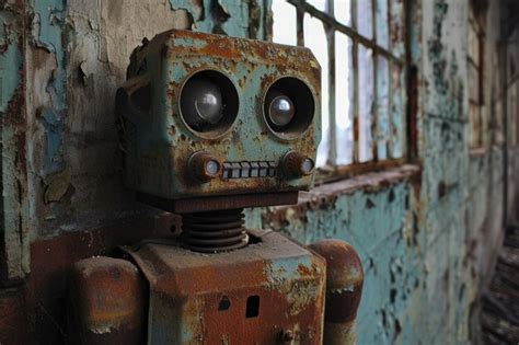 Premium Ai Image A Rusty Robot Stands Stoically In Front Of A Window