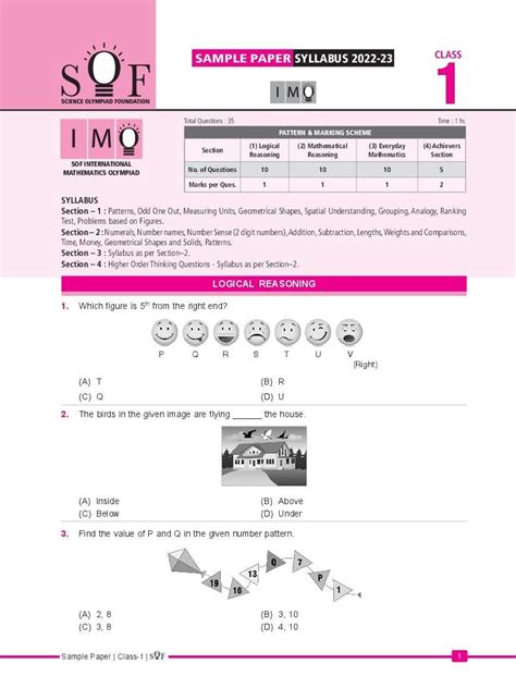 Sof Imo Sample Paper 2023 Class 1 Sample Paper Teaching Math