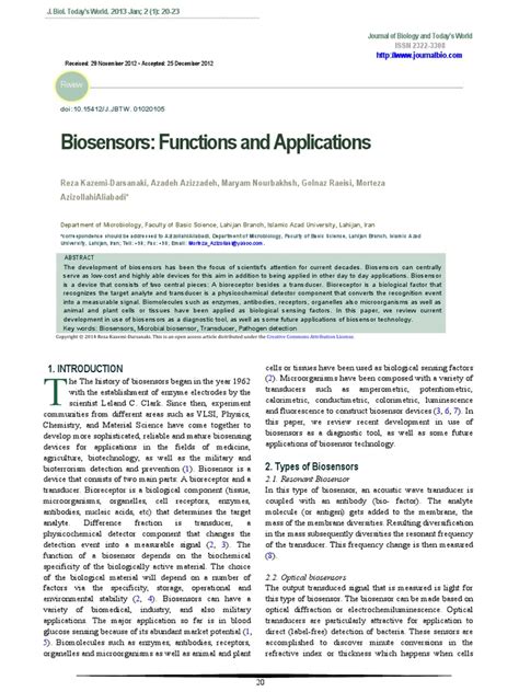 Biosensors Functions And Applications Pdf Biosensor Biology