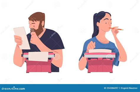 Authors Typing On Retro Typewriters Set Journalist Copywriter