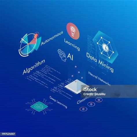 기계 학습 Ai 데이터 마이닝 알고리즘 알고리즘 신경망 딥 러닝 및 자율 아이소메트릭 벡터 개념입니다 3차원 형태에 대한 스톡