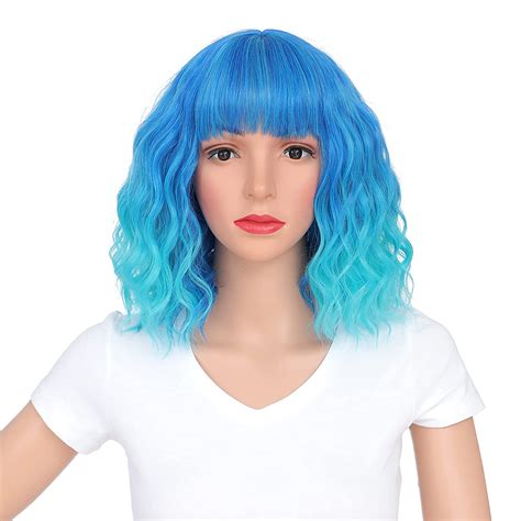 Swacc 12 Inch Short Curly Wavy Bob Wig With Bangs Synthetic Hair Wig For Women With