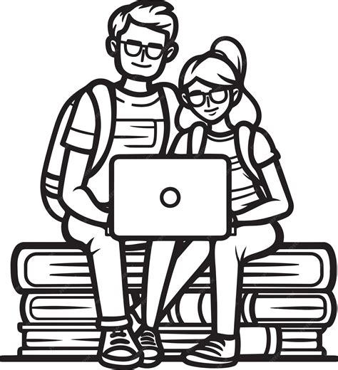 Techy Tete A Tete Couple Deep In Laptop Work On Stack Of Books Vector