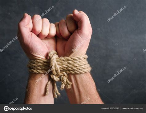 Male Hands Tied Rough Rope Dark Background Close Symbol Bondage Stock