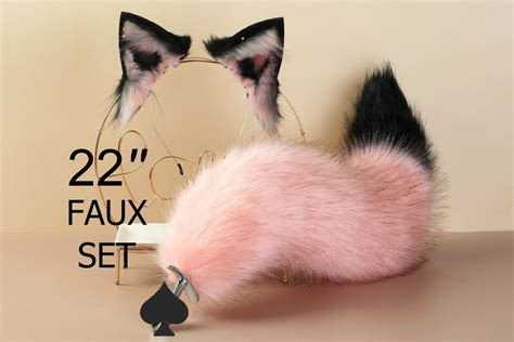 Pink Black Fox Ear And Tail Plug Set Detach Curly Tail Butt Etsy