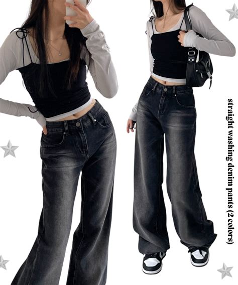 유니크 워싱 체형보정 날씬해보이는 세미와이드핏 로우라이즈 세로 워싱 데님 에이블리