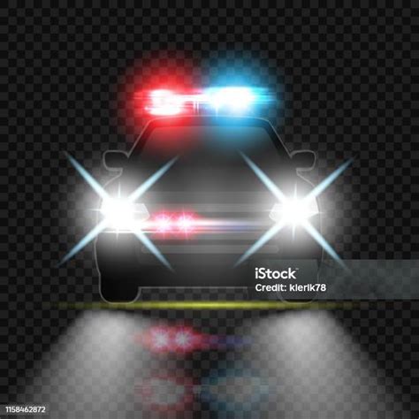 야간 도로에서 헤드 라이트 플레어와 사이렌 경찰 차 특수 빨간색과 파란색 광선 벡터 그림입니다 3차원 형태에 대한 스톡 벡터 아트 및 기타 이미지 Istock