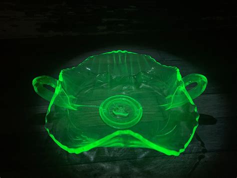 Uranium Glass Candy Dish With Strawberry Design Vintage Green Uranium