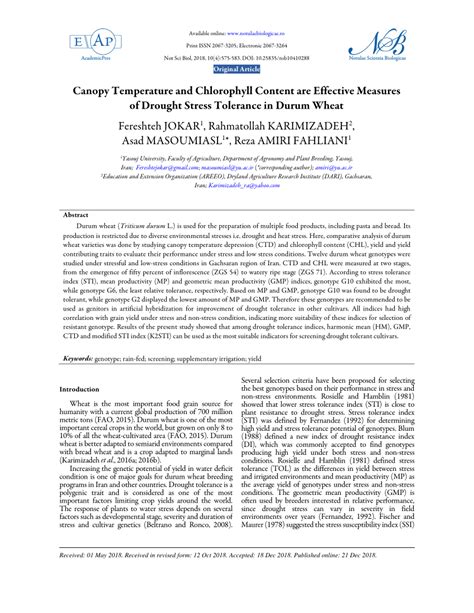 Pdf Canopy Temperature And Chlorophyll Content Are Effective Measures Of Drought Stress