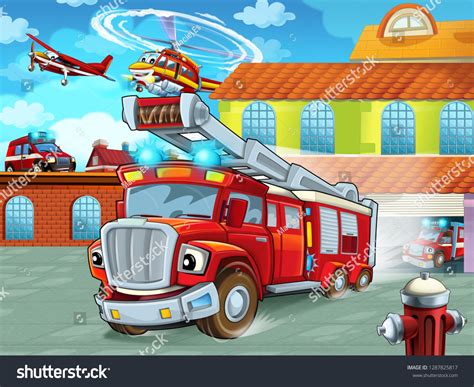 Cartoon Firetruck Driving Out Fire Station Stock Illustration