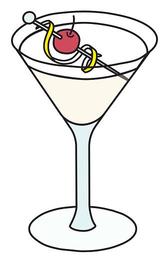 마티니 유리의 턱시도 클래식 칵테일 잊을 수없는 공식 목록 진과 버머스 기반의 음료는 레몬 트위스트와 체리로 장식되어 있습니다 스타일리시한 손으로 그린 낙서 만화 벡터