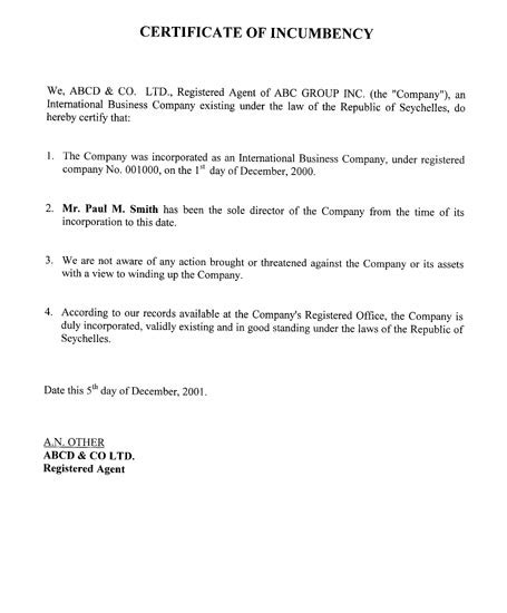 Free Printable Certificate Of Incumbency Form Generic