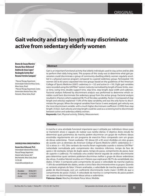 Pdf Gait Velocity And Step Length May Discriminate Active From