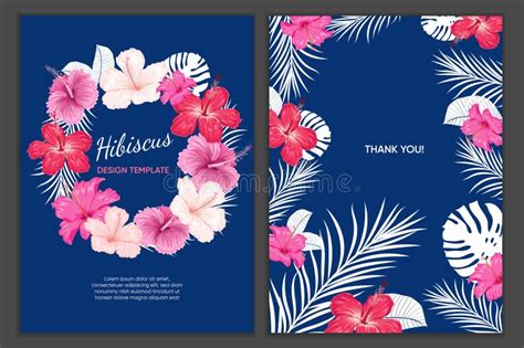 Tropical Design Template Red Pink Hibiscus Flowers With Palm Leaves
