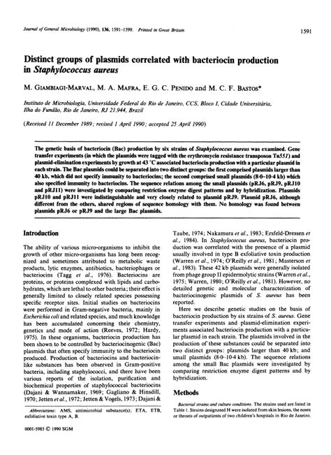 Pdf Distinct Groups Of Plasmids Correlated With Bacteriocin Production In Staphylococcus Aureus