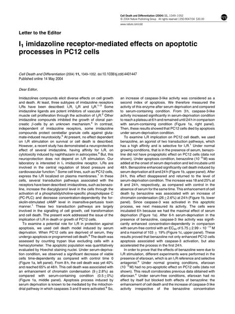 Pdf I 1 Imidazoline Receptor Mediated Effects On Apoptotic Processes In Pc12 Cells