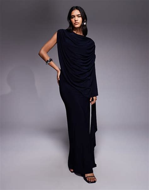 Asos Design One Shoulder Cape Maxi Dress In Navy Asos