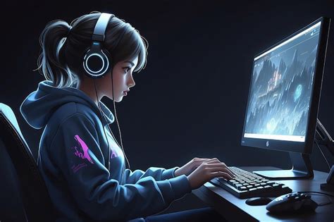 Premium Photo Gaming Girl Focusing On Her Computer Screen As She