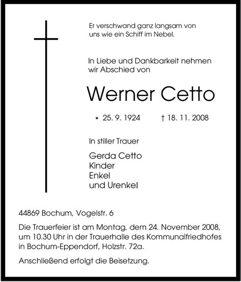 Traueranzeigen Von Werner Cetto Trauer In Nrw De