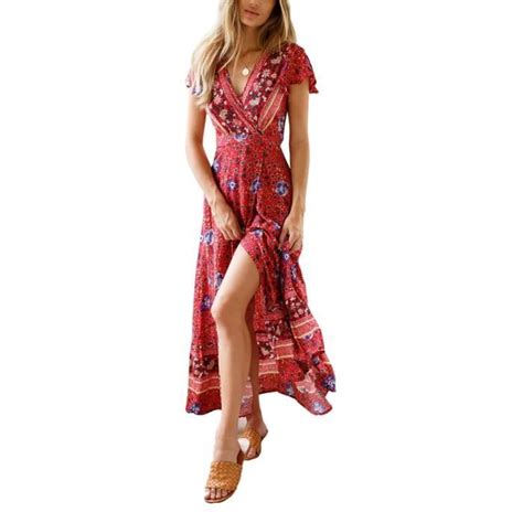 Robe Classique Femme Longue A Imprime Rouge Naishen Rouge